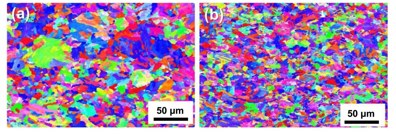 Fig. 4 EBSD result of a 22MnB5 and b 22MnB5NbV (grain refinement)
